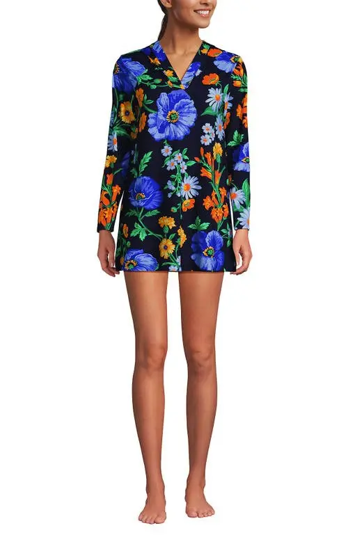 LANDS' END Cotton Jersey Long Sleeve Hooded Swim Cover-up Dress - Navy/exploded Poppy Floral