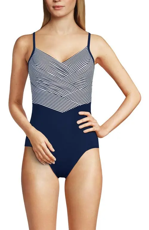 LANDS' END Slender Suit V-neck Pleated X-back One-piece Swimsuit - Deep Sea Navy Mini Stripe