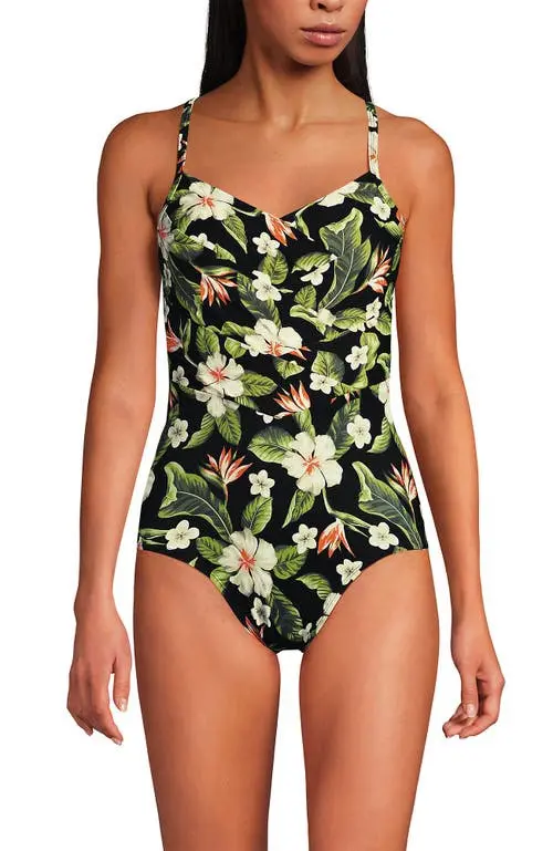 LANDS' END Slender Suit V-neck Pleated X-back One-piece Swimsuit - Hibiscus Floral/black