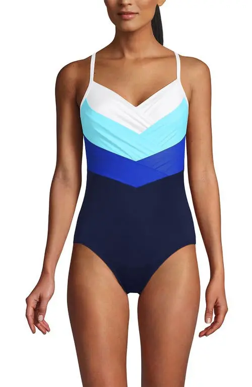 LANDS' END Slender Suit V-neck Pleated X-back One-piece Swimsuit - Navy/sapphire/river Mist/white