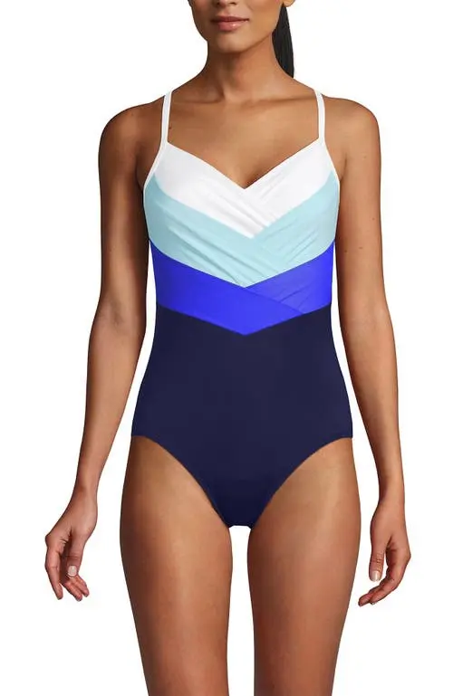 LANDS' END Slendersuit V-neck Pleated One-piece Swimsuit - Navy/sapphire/river Mist/white