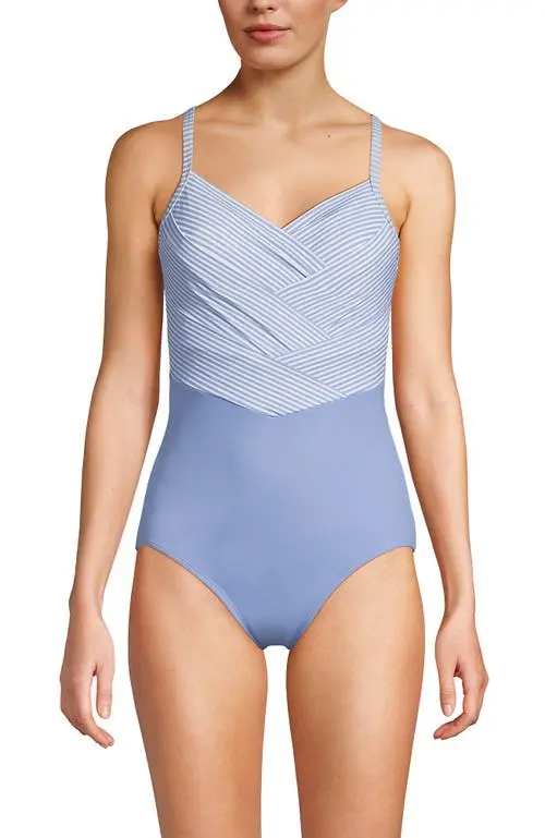 LANDS' END Slender Suit V-neck Pleated X-back One-piece Swimsuit - Soft Cloud Blue Mini Stripe