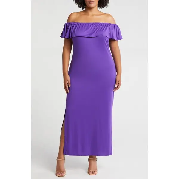 24SEVEN COMFORT APPAREL Off The Shoulder Jersey Midi Dress - Purple