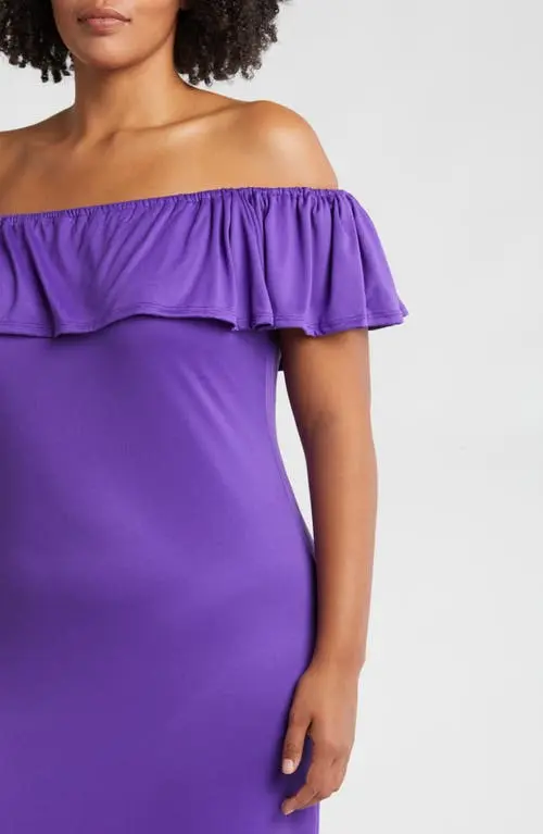 24SEVEN COMFORT APPAREL Off The Shoulder Jersey Midi Dress - Purple