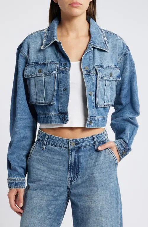 HIDDEN JEANS Distressed Denim Crop Cargo Jacket - Medium Wash