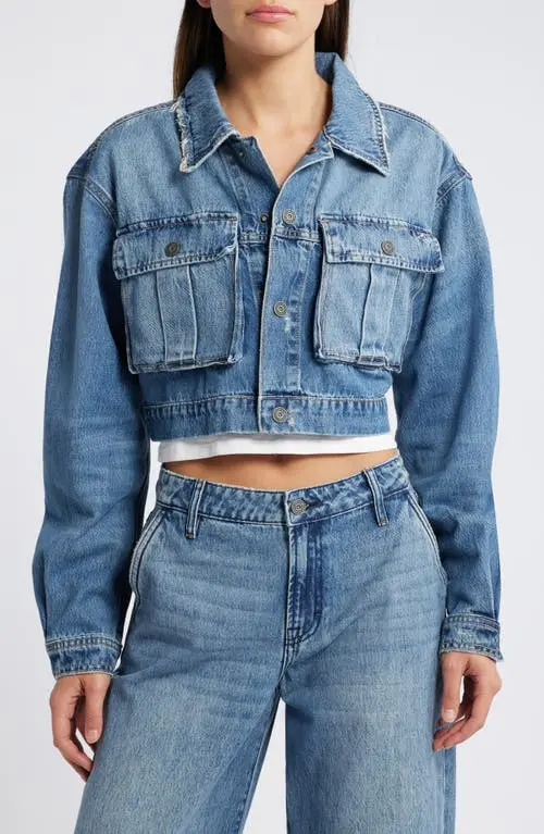 HIDDEN JEANS Distressed Denim Crop Cargo Jacket