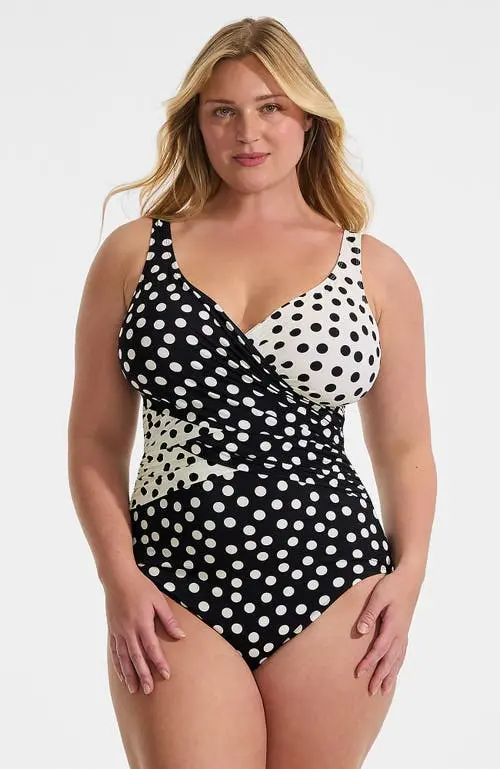 LANDS' END Slendersuit Wrap One Piece Swimsuit - Black/egret Mixed Tossed Dots