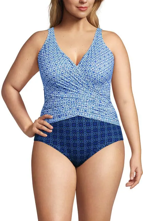 LANDS' END Slendersuit Wrap One Piece Swimsuit - Navy/white Mosaic Mini Tile