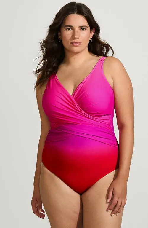 LANDS' END Slendersuit Wrap One-piece Swimsuit - Pink Multi Ombre