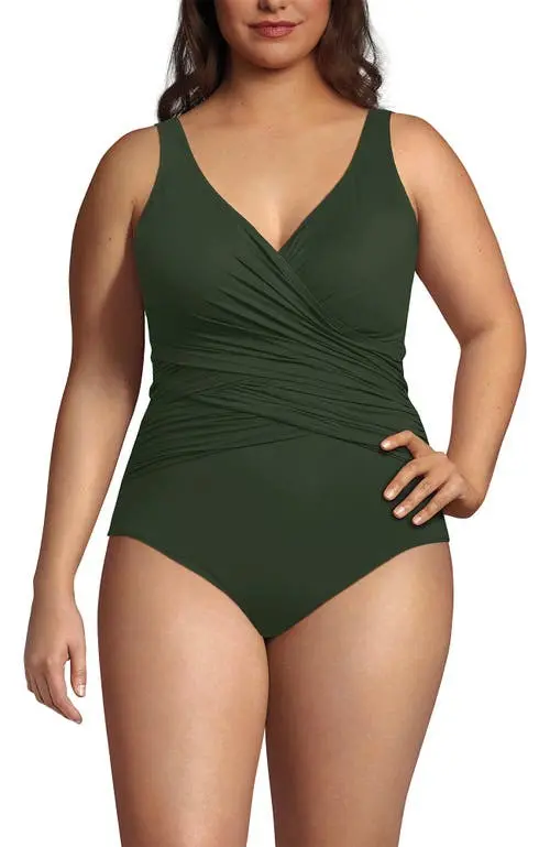 LANDS' END Slendersuit Wrap One Piece Swimsuit - Rich Olive Green