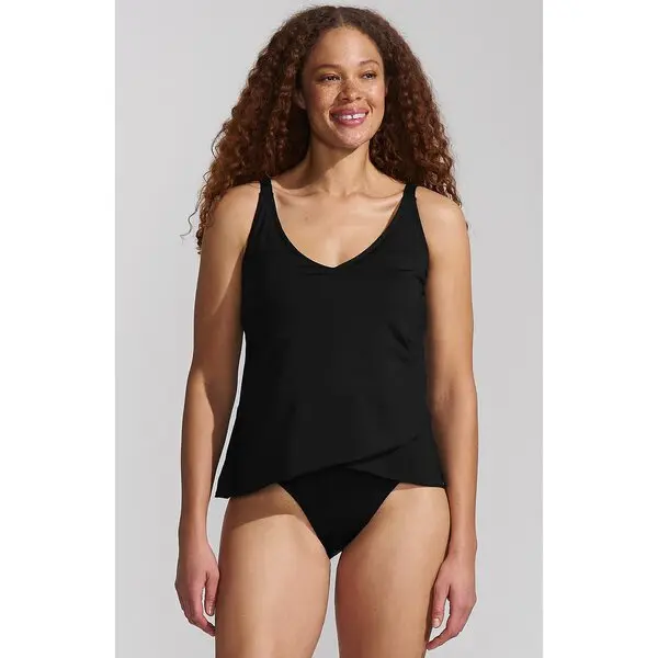LANDS' END D-cup Chlorine Resistant V-neck Tulip Hem Tankini Swimsuit Top - Black