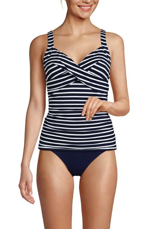 LANDS' END D-cup V-neck Wrap Tankini Top - Deep Sea/white Media Stripes