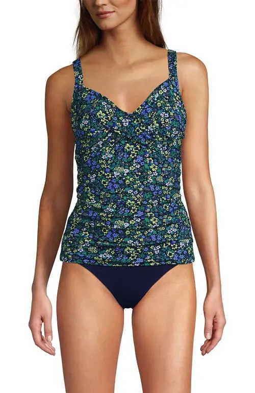 LANDS' END D-cup Sweetheart Wrap Underwire Tankini Top - Deep Sea/white Media Stripes