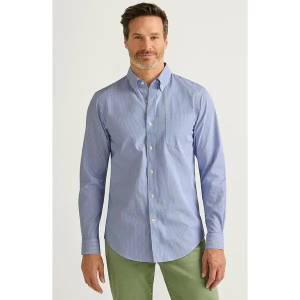 LANDS' END School Uniform Tailored Fit No Iron Solid Supima Cotton Pinpoint Buttondown Collar Dress Shirt - Clear Blue/white Stripe