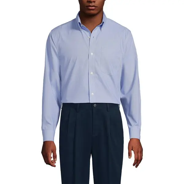 LANDS' END School Uniform Tailored Fit No Iron Solid Supima Cotton Pinpoint Buttondown Collar Dress Shirt - Vibrant Lapis Mini Check