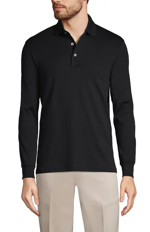 LANDS' END Long Sleeve Cotton Supima Polo Shirt - Black