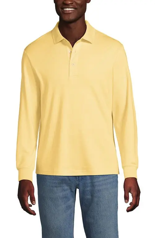 LANDS' END Long Sleeve Cotton Supima Polo Shirt - Pale Sunbeam Yellow