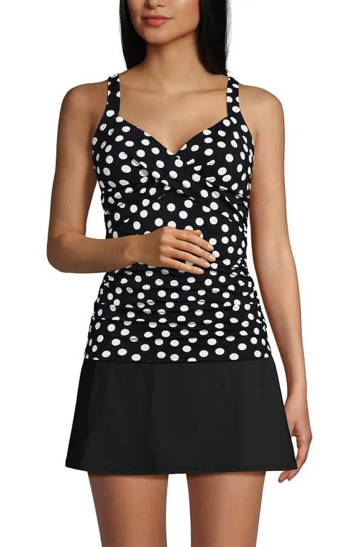 LANDS' END Wrap Underwire Tankini Top Swimsuit - Black/egret White Tossed Dots