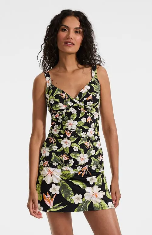 LANDS' END Wrap Underwire Tankini Top Swimsuit - Hibiscus Floral/black