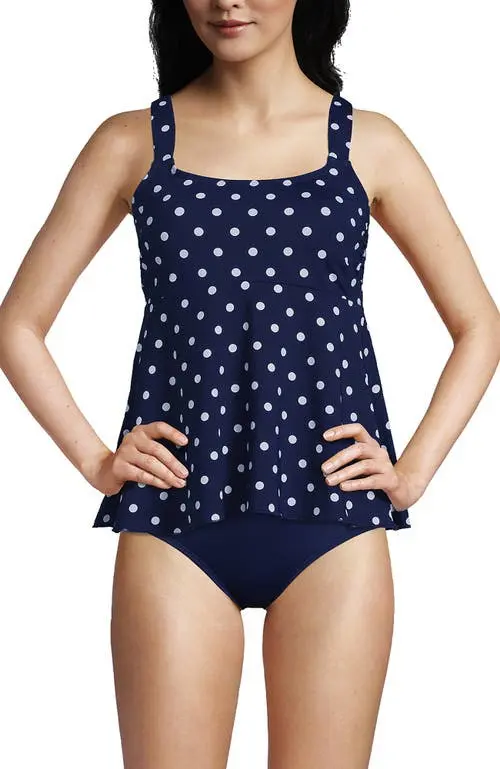 LANDS' END Mastectomy Flutter Scoop Neck Tankini Top - Deep Sea Polka Dot