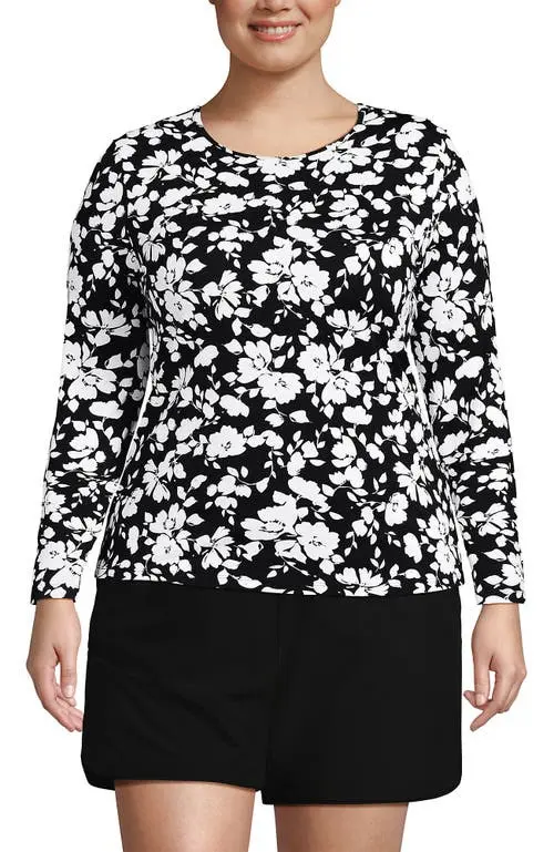 LANDS' END Long Sleeve Upf 50 Rash Guard Swim Tee - Black Blossom Floral