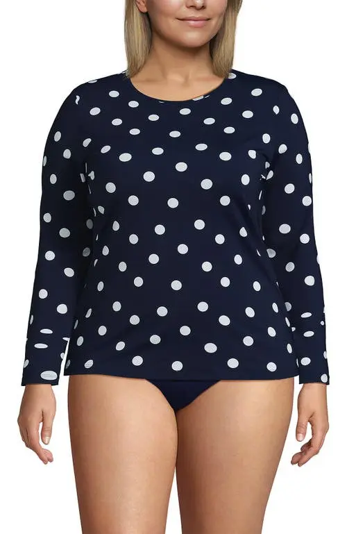LANDS' END Long Sleeve Upf 50 Rash Guard Swim Tee - Deep Sea Navy Polka Dot