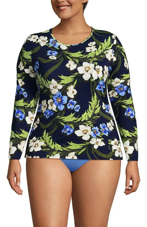 LANDS' END Long Sleeve Upf 50 Rash Guard Swim Tee - Deep Sea/blue Floral Tropic