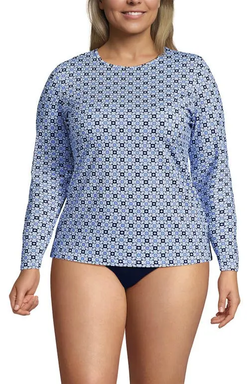 LANDS' END Long Sleeve Upf 50 Rash Guard Swim Tee - Lake Blue Geo Floral