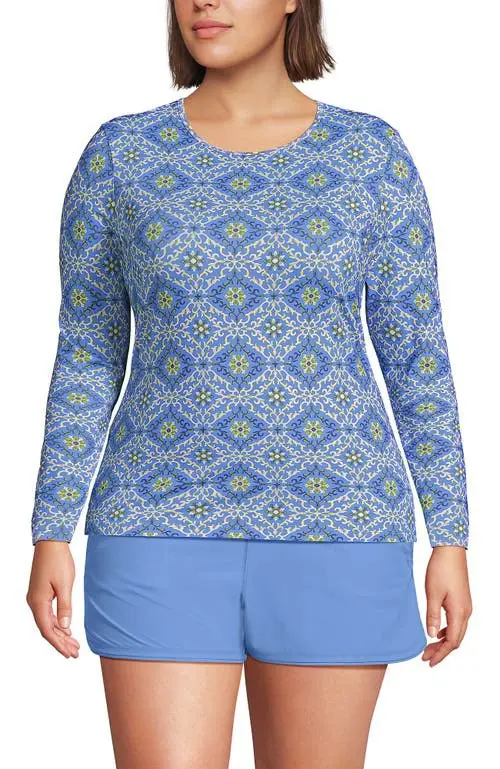 LANDS' END Long Sleeve Upf 50 Rash Guard Swim Tee - Lake Blue/egret Geo Floral