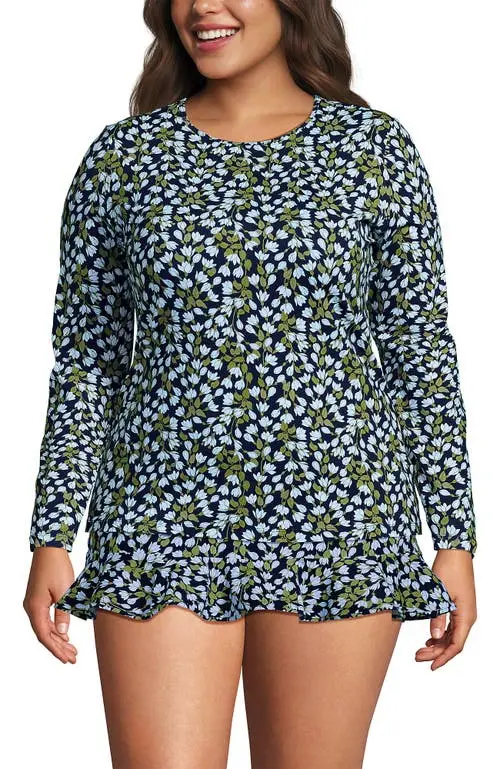 LANDS' END Long Sleeve Upf 50 Rash Guard - Navy Mini Bloom Floral
