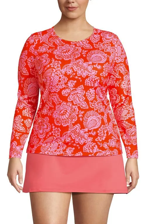 LANDS' END Long Sleeve Upf 50 Rash Guard Swim Tee - Radiant Orange Floral Medley