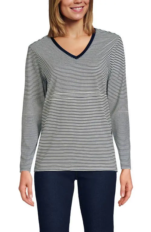 LANDS' END Relaxed Supima Cotton Long Sleeve V-neck T-shirt - Deep Sea/ivory Micro Stripe