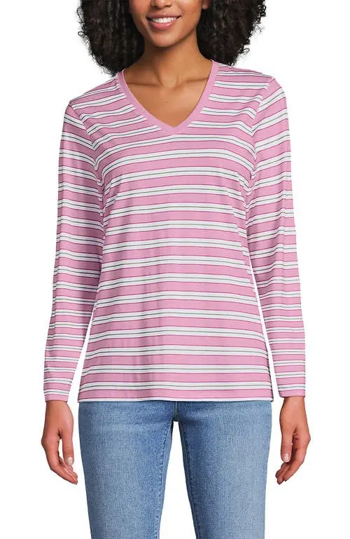 LANDS' END Relaxed Supima Cotton Long Sleeve V-neck T-shirt - Seaside Pink Multi Stripe
