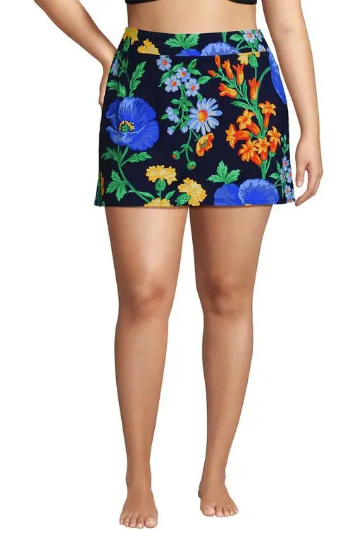 LANDS' END A-line Swim Skirt With Tummy Control - Navy/exploded Poppy Floral