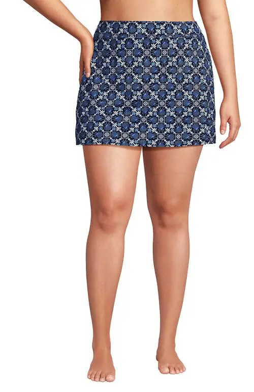 LANDS' END A-line Swim Skirt With Tummy Control - Seashell Geo/navy