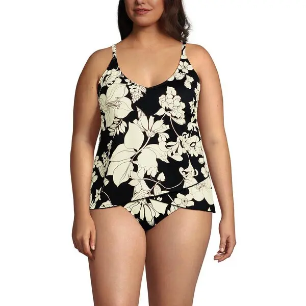 LANDS' END Long Torso Tulip Hem Tankini Top - Black/egret Lilies
