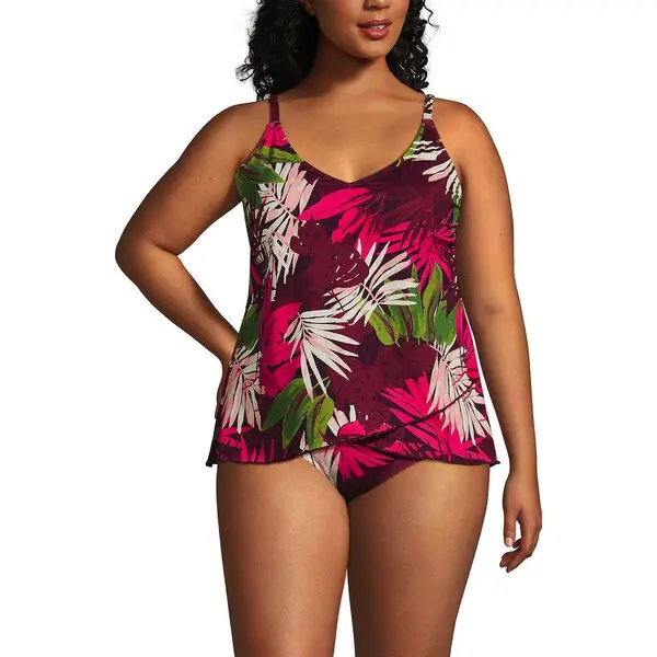 LANDS' END Tulip Hem Tankini Top - Dark Wine Multi Tropical Palm