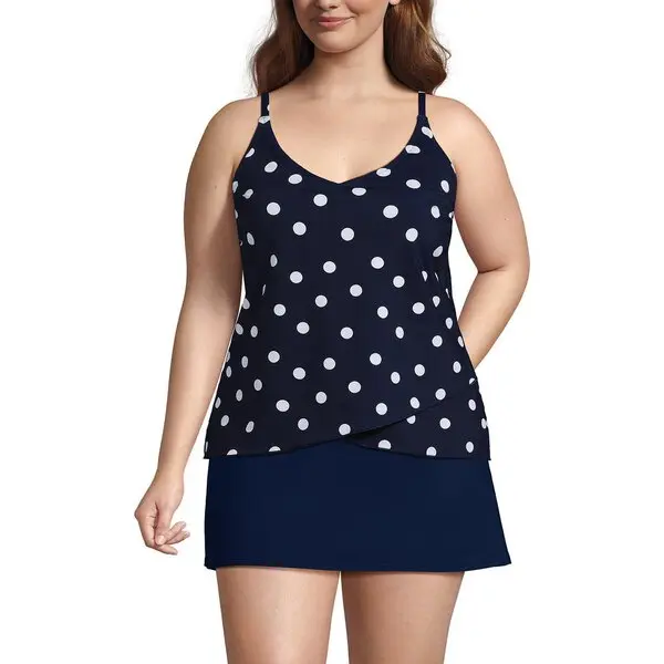 LANDS' END Tulip Hem Tankini Top - Deep Sea Navy Polka Dot