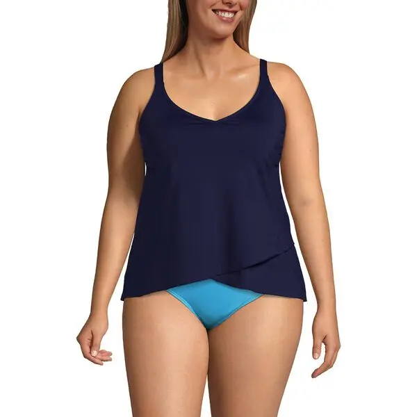 LANDS' END Long Torso Tulip Hem Tankini Top - Deep Sea Navy