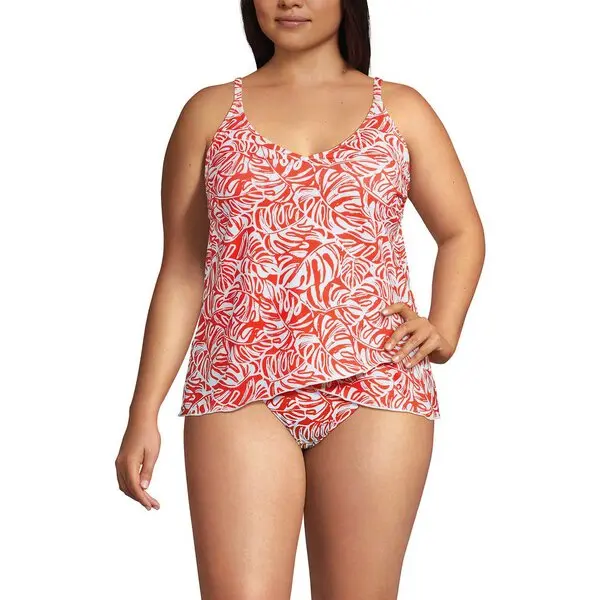 LANDS' END Tulip Hem Tankini Top - Orange Mini Tropic Leaves