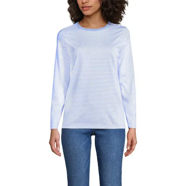 LANDS' END Relaxed Supima Cotton Long Sleeve Crew Neck T-shirt - Light Sea Blue Micro Stripe