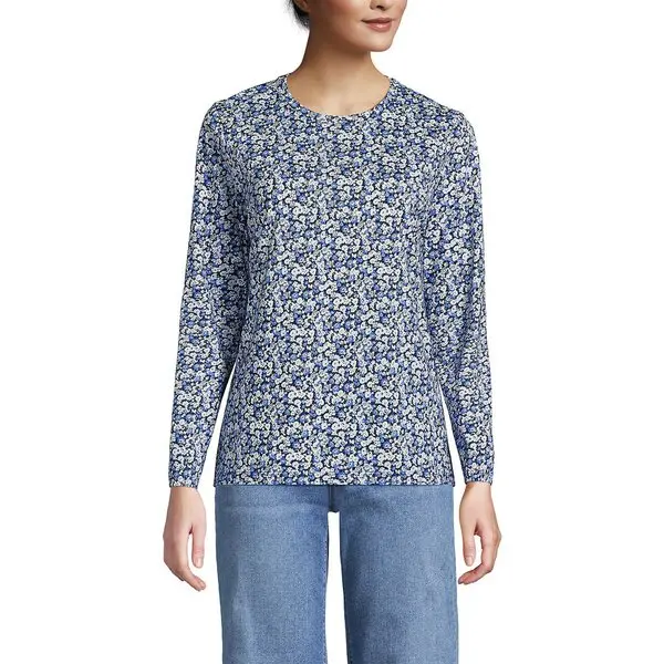 LANDS' END Relaxed Supima Cotton Long Sleeve Crew Neck T-shirt - Navy/clear Blue Ditsy Floral