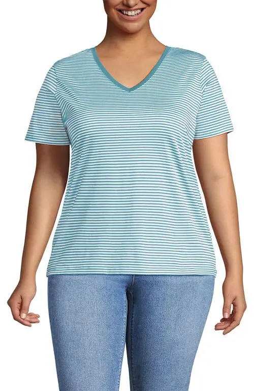 LANDS' END Supima Cotton V-neck T-shirt - Bright Aqua Micro Stripe