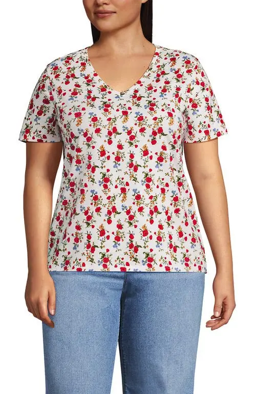 LANDS' END Supima Cotton V-neck T-shirt - Ivory Mini Poppy Floral