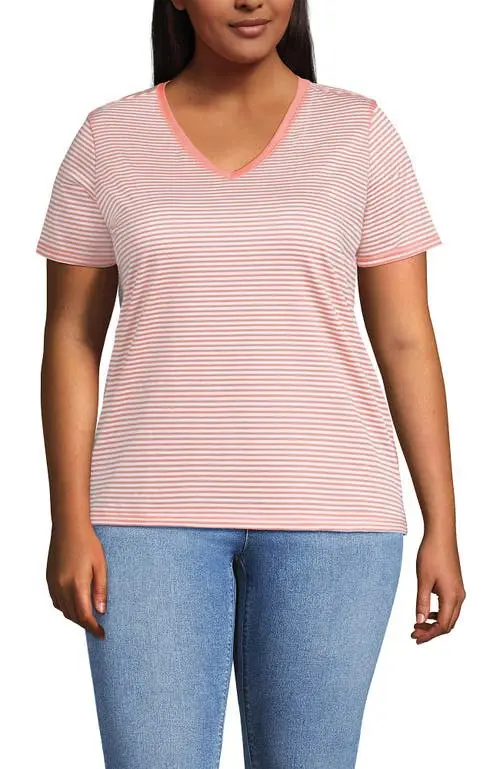 LANDS' END Supima Cotton V-neck T-shirt - Sunset Coral Pink Micro Stripe