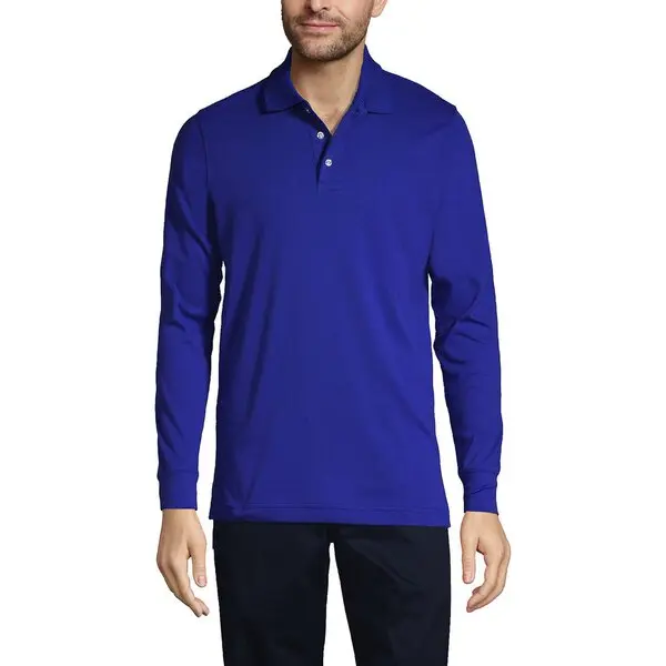 LANDS' END School Uniform Long Sleeve Interlock Polo Shirt - Cobalt