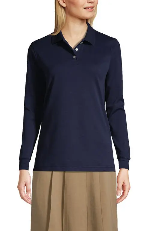 LANDS' END School Uniform Long Sleeve Interlock Polo Shirt - Classic Navy