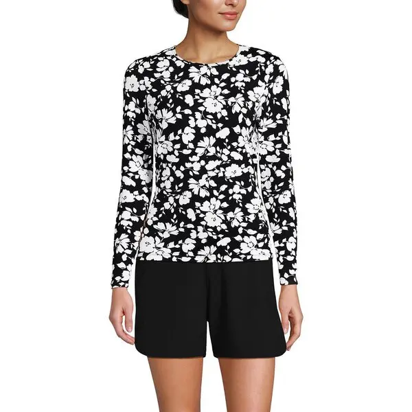 LANDS' END Upf 50 Long Sleeve Rash Guard Swim Tee - Black Blossom Floral