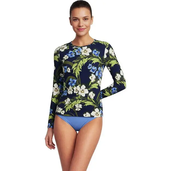 LANDS' END Sunshade Upf 50 Long Sleeve Rash Guard - Deep Sea/blue Floral Tropic