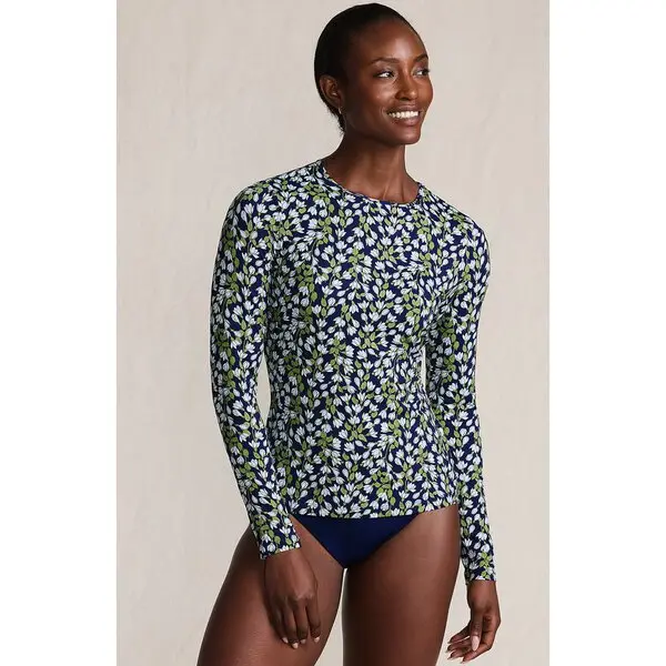 LANDS' END Sunshade Upf 50 Long Sleeve Rash Guard - Deep Sea/blue Floral Tropic